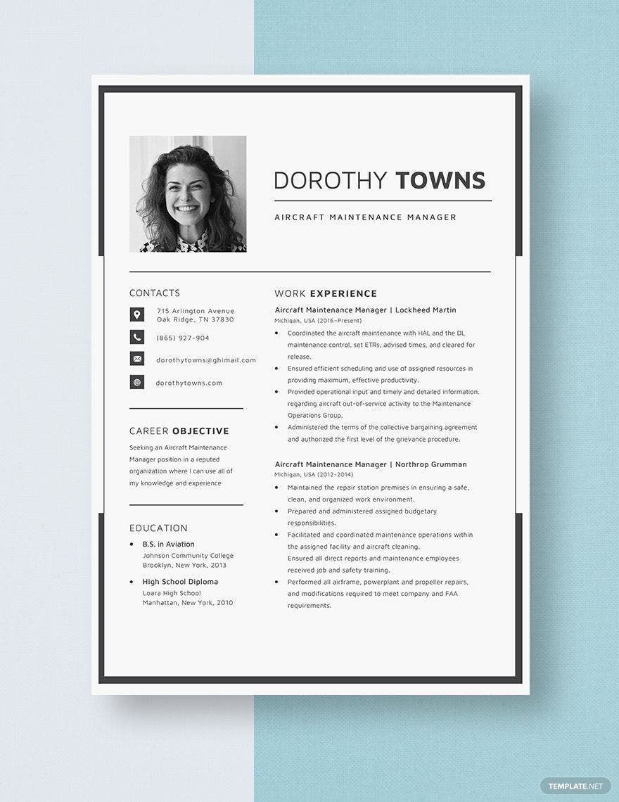 Aircraft Maintenance Manager Resume Template Word Apple Pages PSD 