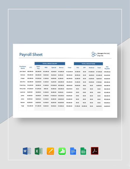 Payroll Spreadsheet Template - PDF | Word | Excel | Apple Pages | Apple ...