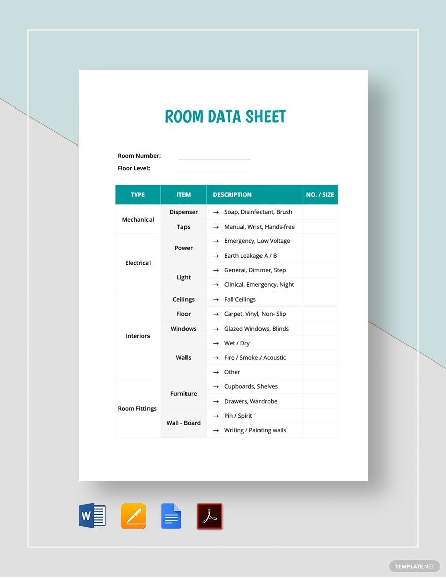 Room Data Sheet Template Download In Word Google Docs PDF Apple 