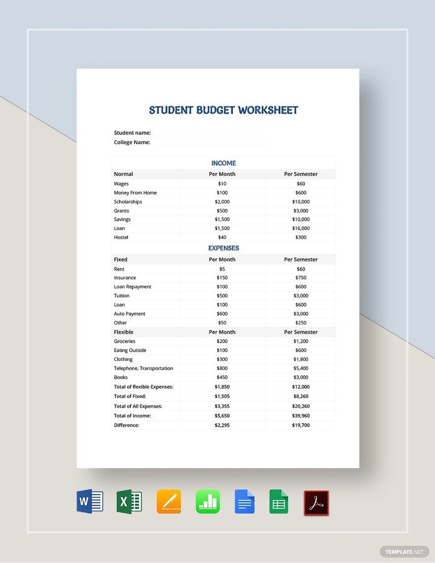Free Student Budget Worksheet Template Google Docs Google Sheets 