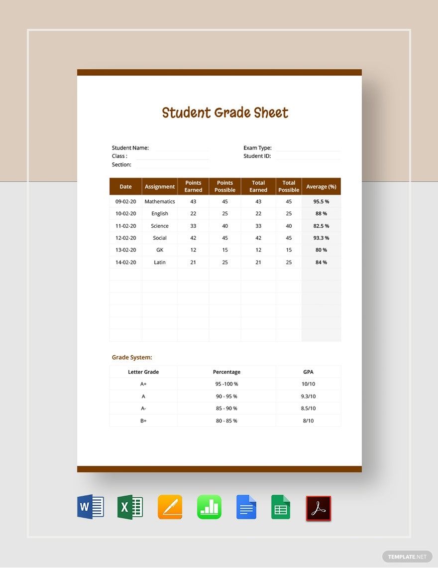 Student Grade Sheet Template Download In Word Google Docs Excel Student Grade Sheet Template Download In Word Google Docs Excel