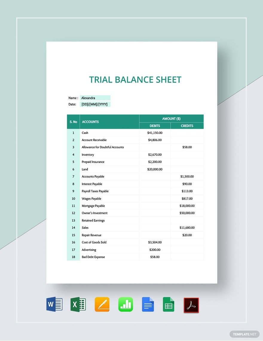 Trial Balance Sheet Template Google Docs Google Sheets Excel Word 