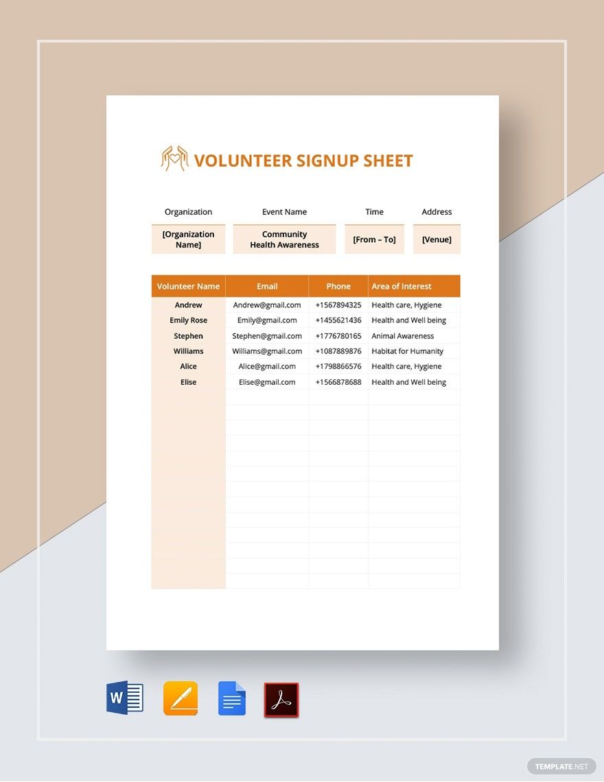 Volunteer Signup Sheet Template In Word Pages Google Docs PDF Download