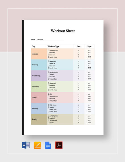 Workout Sheet Template - Download in Word, Google Docs, PDF, Apple ...