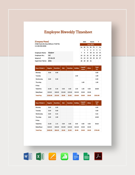 Employee Bi weekly Timesheet Template