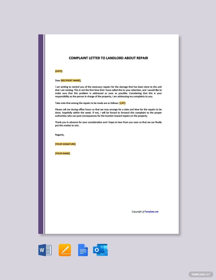  Sample Letter To Landlord For Repairs Complaint Letter To Landlord 