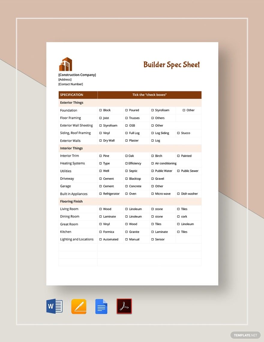 Spec Sheet Template In Google Docs Word Numbers Excel Pages Google