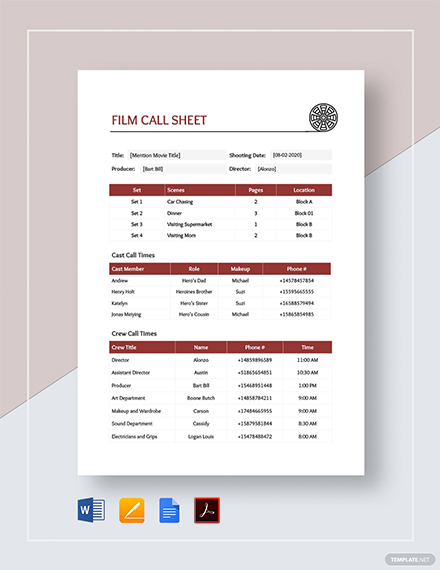 Film Call Sheet Template Word Google Docs Apple Pages Template