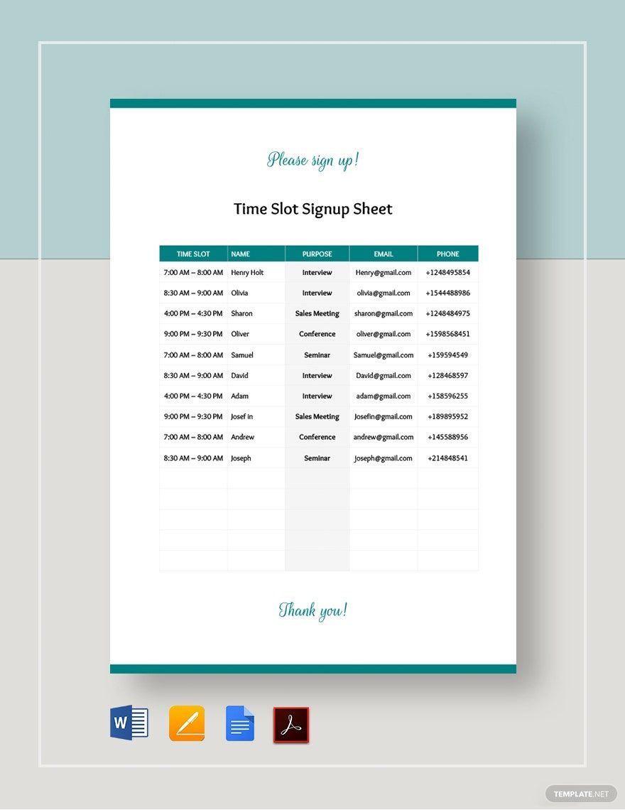 Time Slot Sign Up Sheet Template Download In Word Google Docs PDF 
