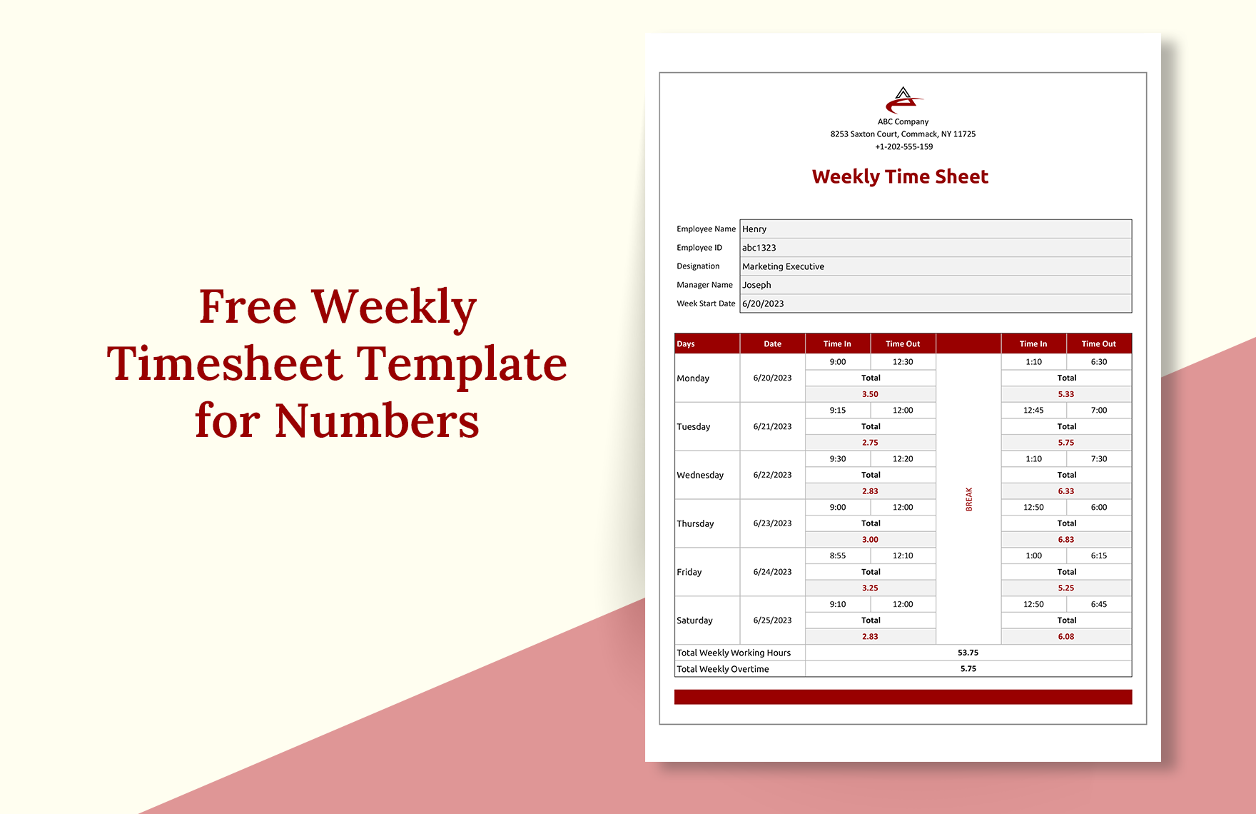 Free Weekly Timesheet Template For Numbers Google Docs Google Sheets 