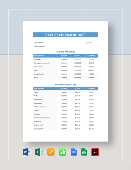 Simple Church Budget Template - Google Docs, Google Sheets, Excel, Word ...