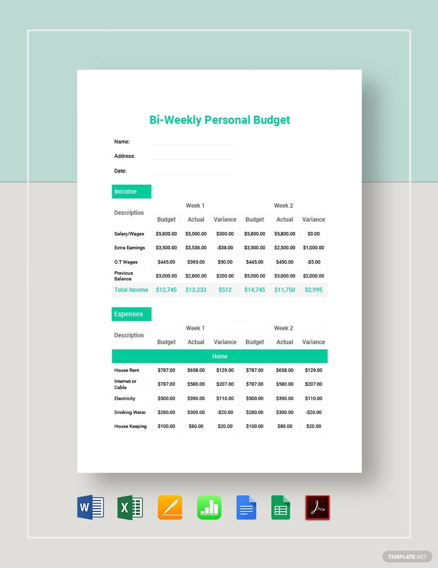 Bi Weekly Personal Budget Template Google Docs Google Sheets Excel 