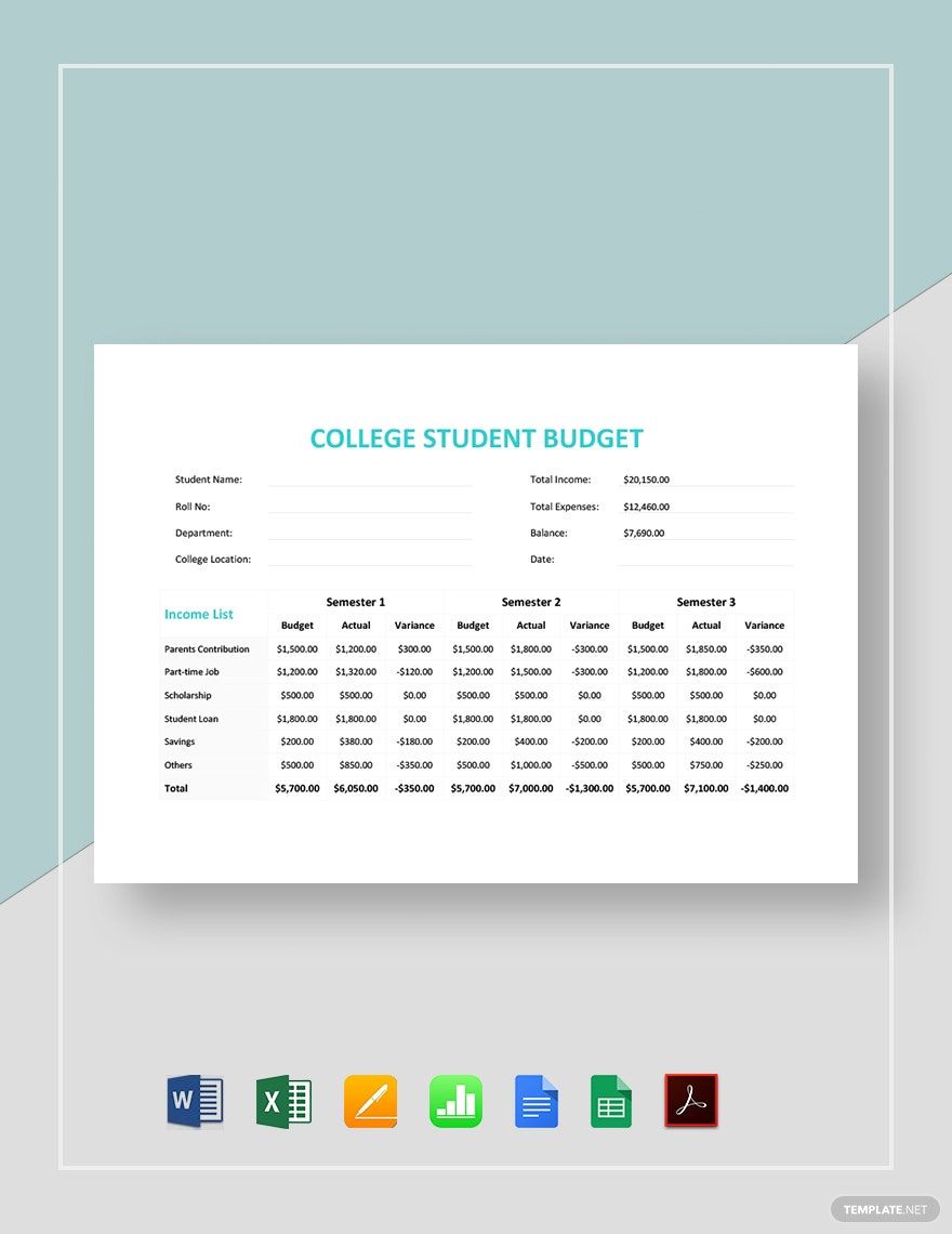College Student Budget Template Google Docs Google Sheets Excel 