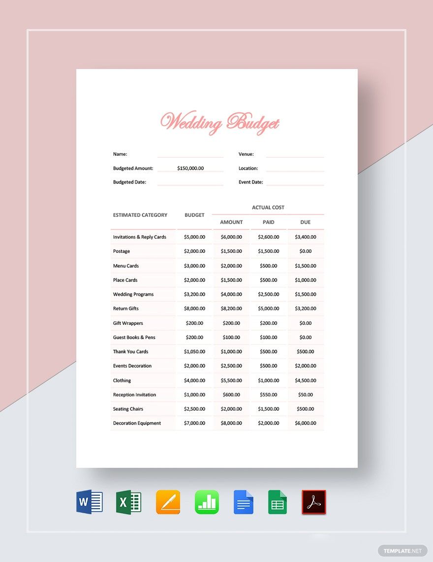 Wedding Budget Template Google Docs Google Sheets Excel Word 
