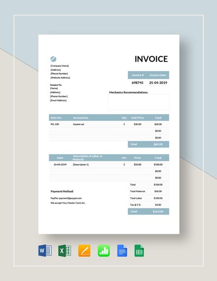 11+ Mechanic Invoice Templates - PDF, Word, Excel