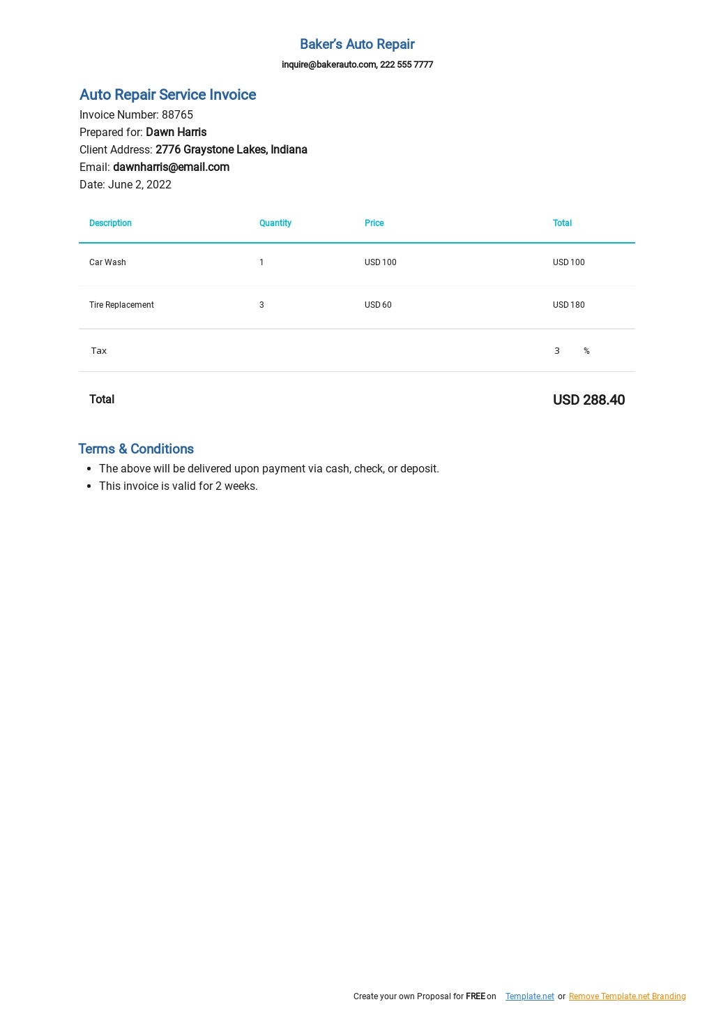 Vehicle Repair Invoice Template