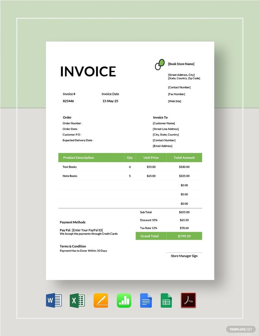 Book Store Invoice Template Word Google Docs Excel PDF Google 
