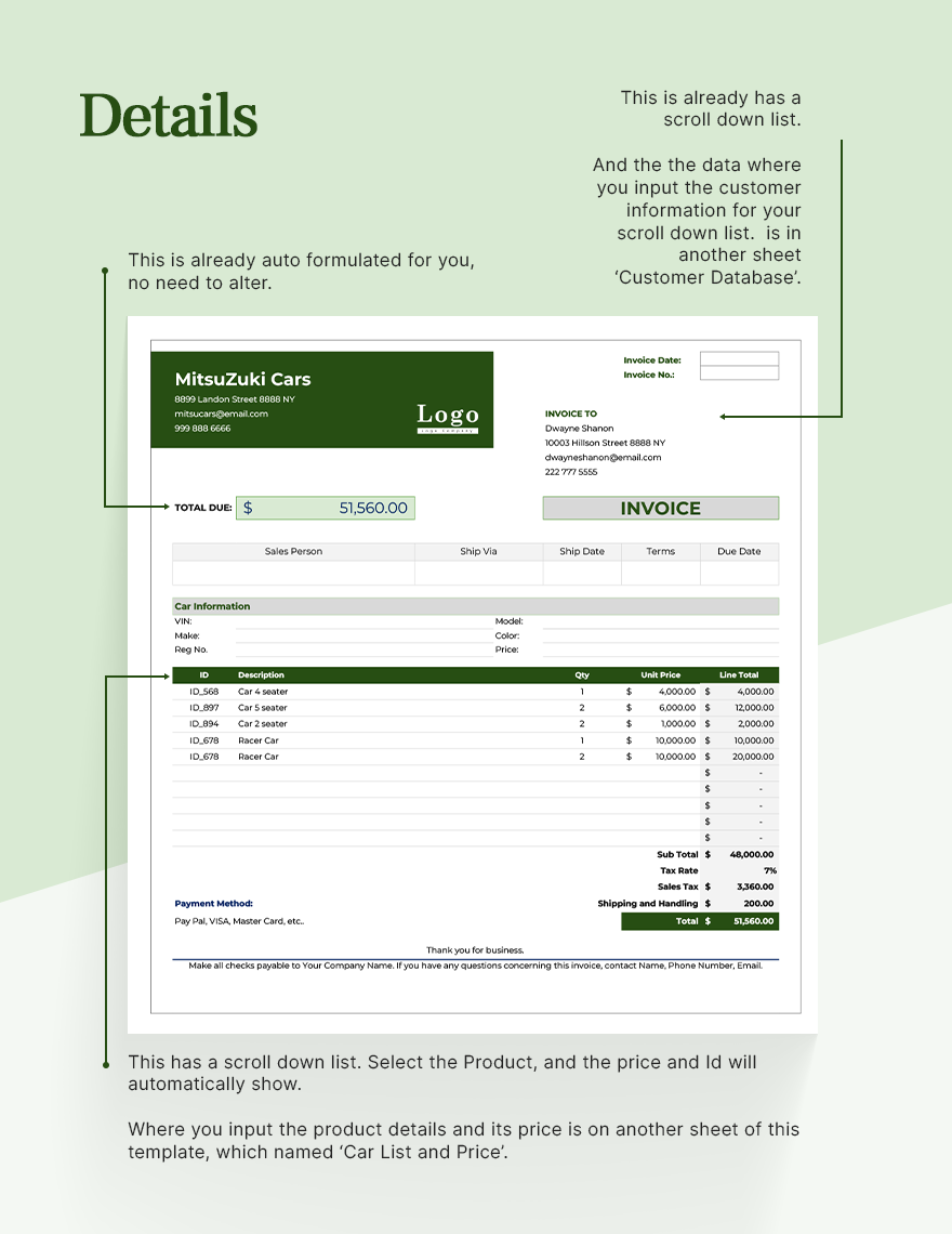 Car Sales Invoice Template - Google Docs, Google Sheets, Excel, Word ...