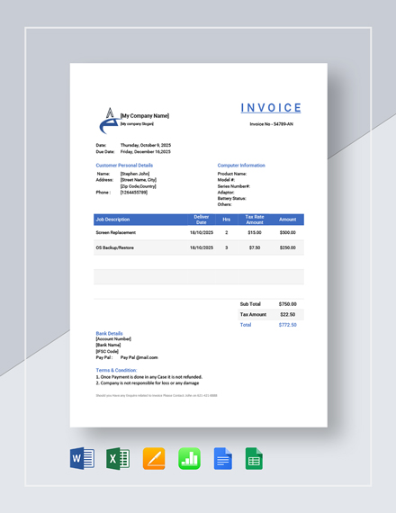 Repair Invoice Template - 13+ Word, Excel, PDF Documents Download