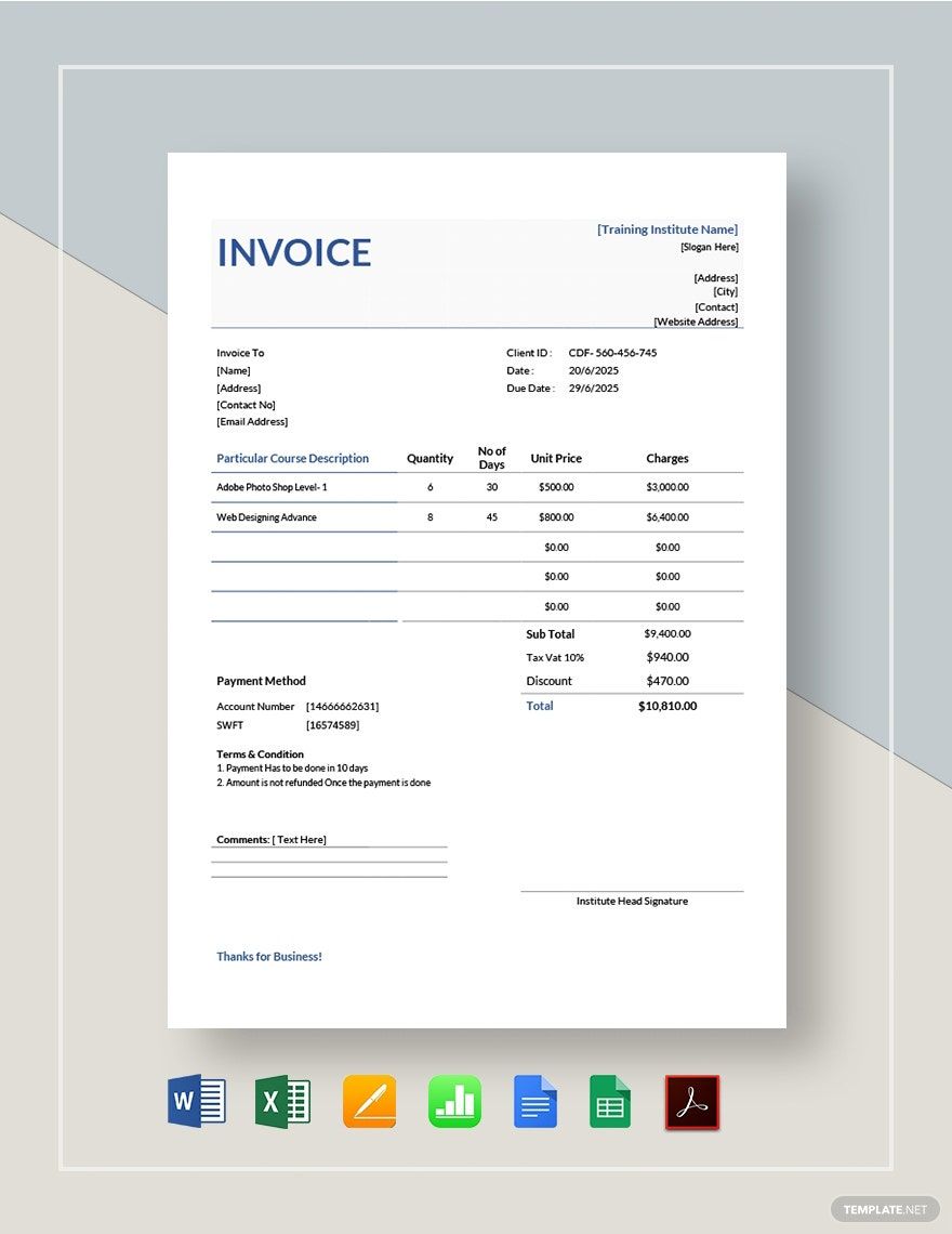 Training Invoice Template Google Docs Google Sheets Excel Word 