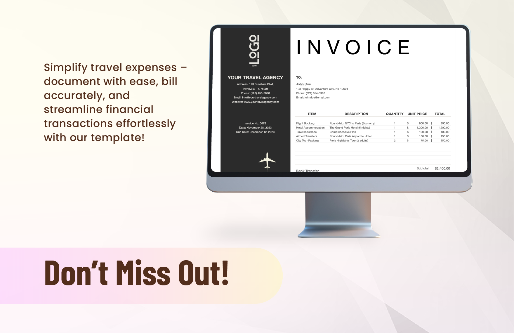 Travel Invoice Template. in Google Docs, Numbers, Word, Pages, PDF ...