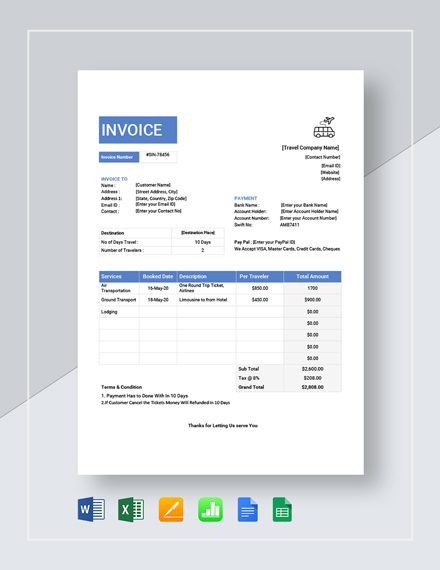 Travel Agency Invoice Template 23 Free Word PDF Excel Documents 
