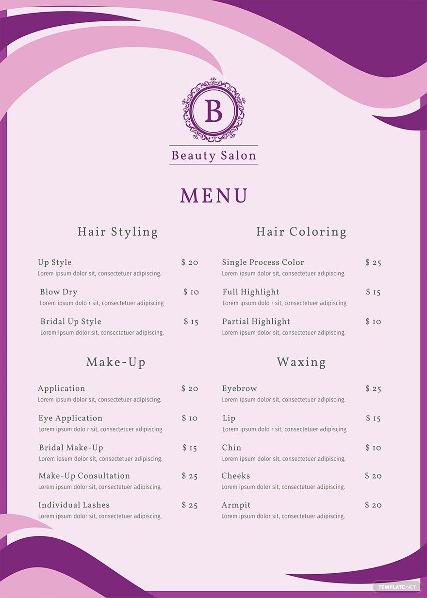 Salon Menu Template Download In Word Illustrator PSD Apple Pages 