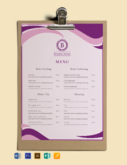 Salon Menu Template Illustrator Word Apple Pages PSD Publisher 