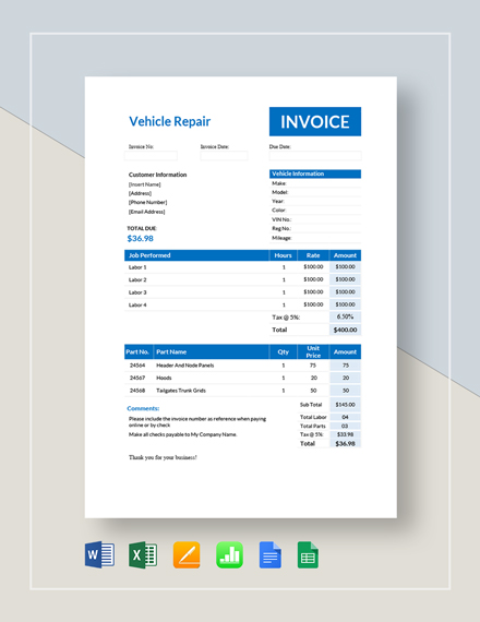 7+ Vehicle Repair Invoice Templates - PDF, Word, Excel