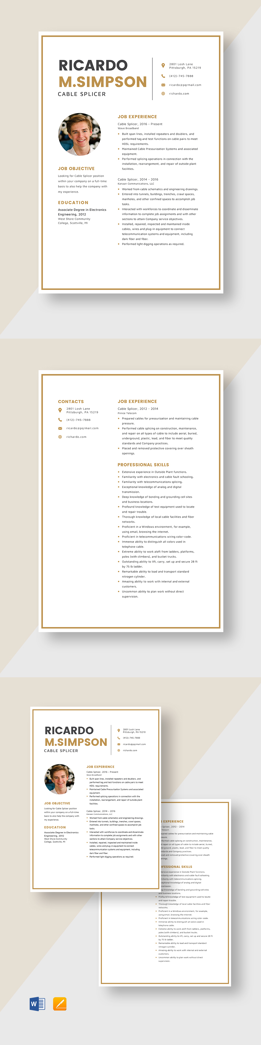Cable Splicer Resume Template - Word, Apple Pages | Template.net