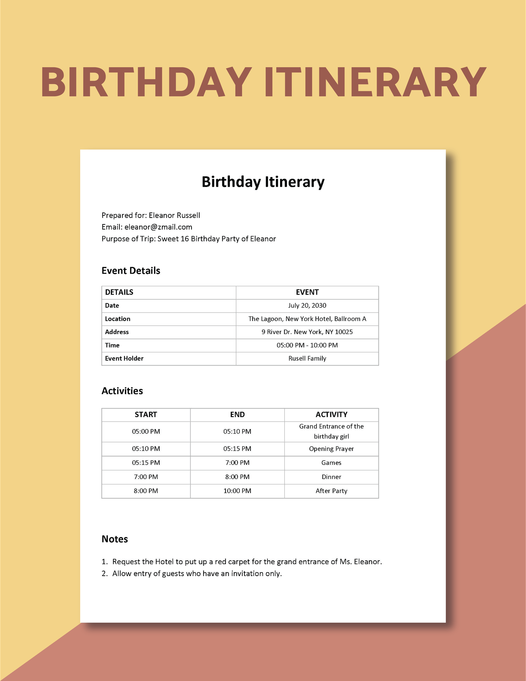 Birthday Itinerary Template Google Docs Word Template