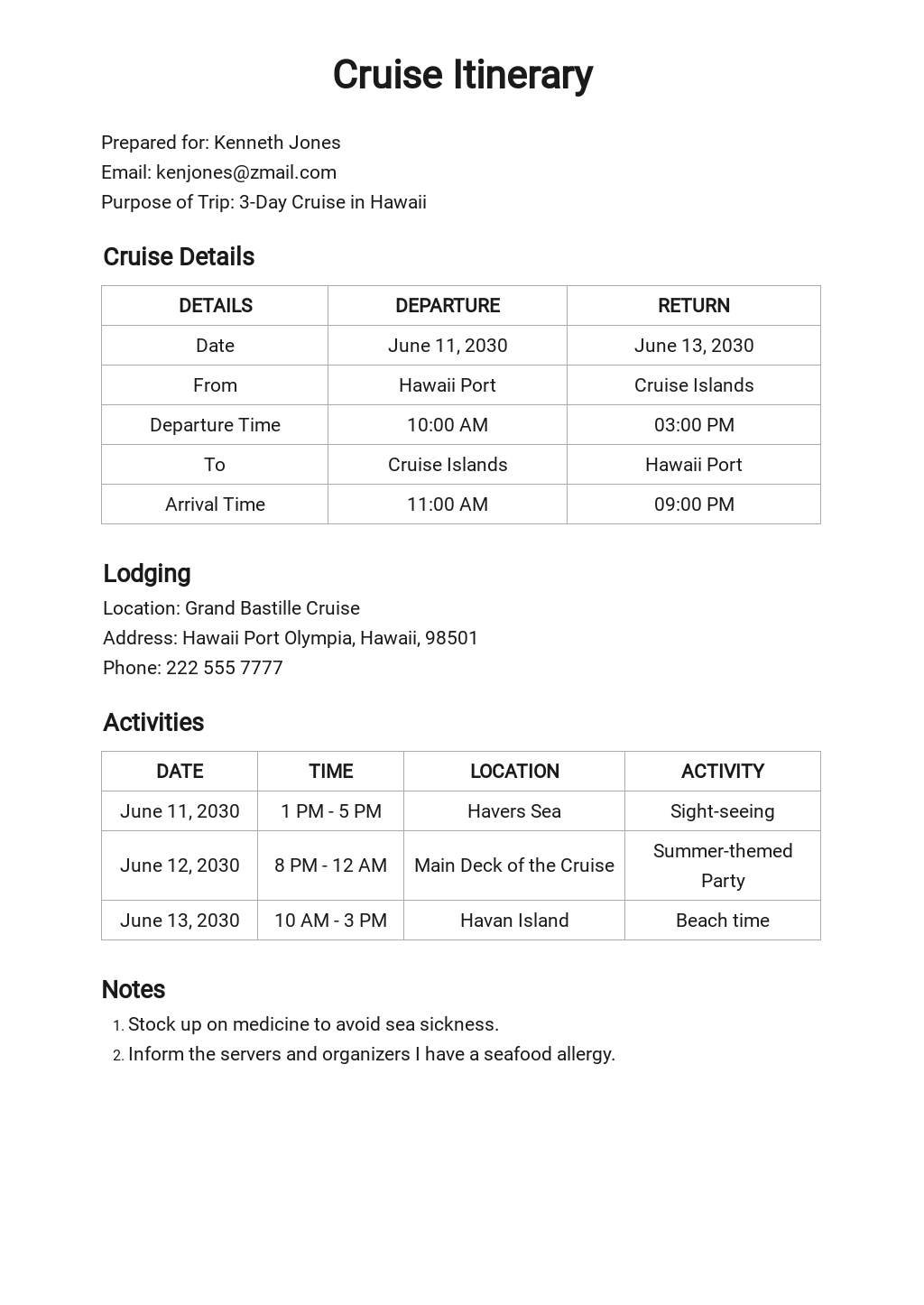 Cruise Itinerary Template Google Docs Word Template