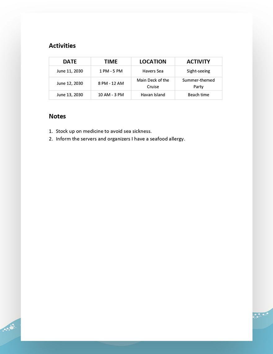 Cruise Itinerary Template - Word, Google Docs | Template.net