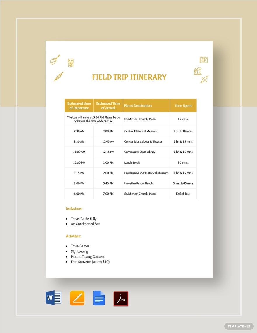 Field Trip Itinerary Template Google Docs Word Template