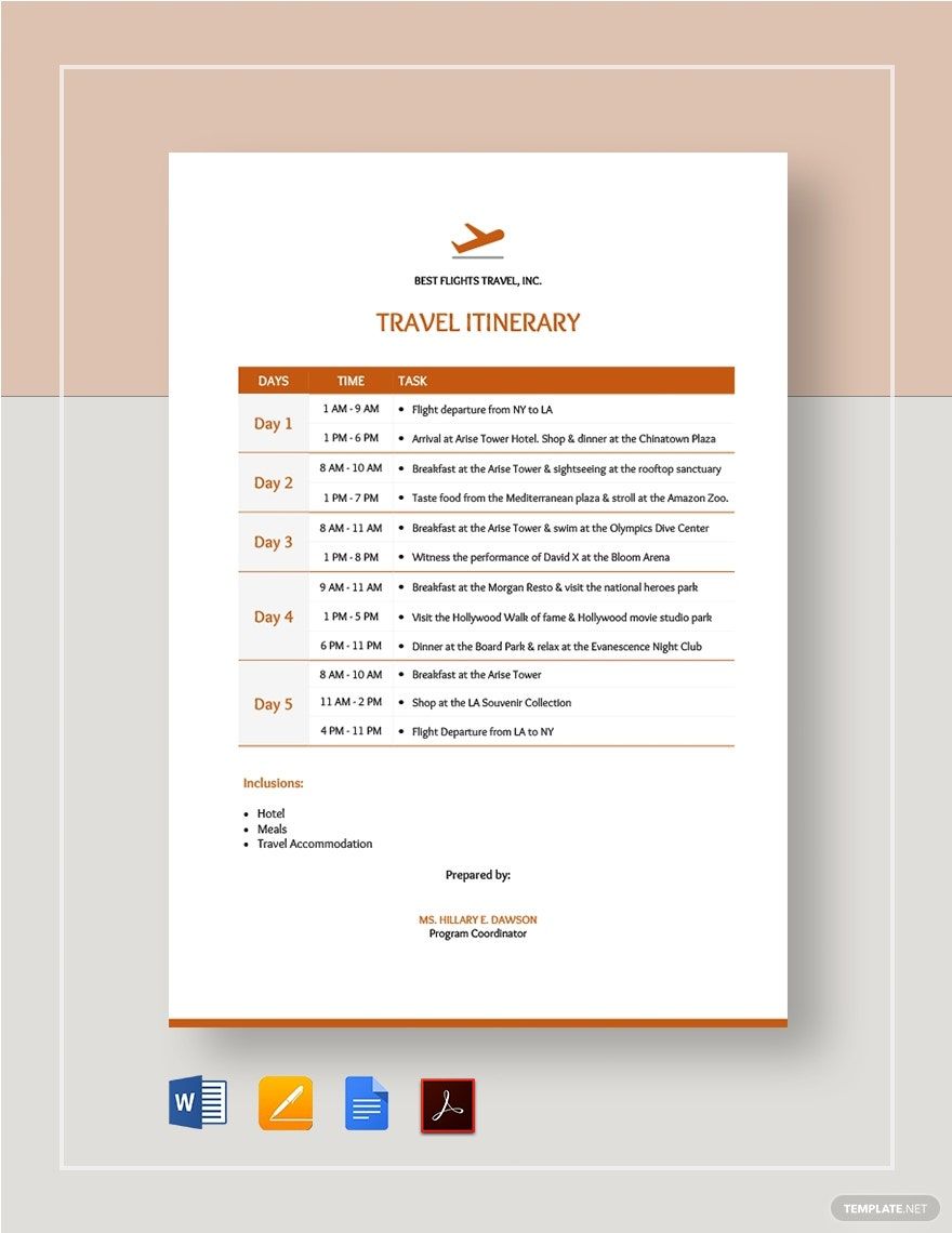 Best Travel Itinerary Template Google Docs Word Template