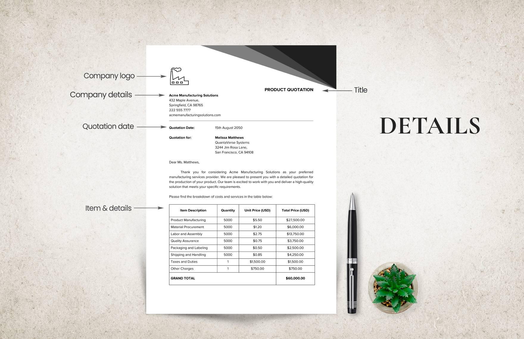 Product Quotation Template in Google Sheets, Pages, MS Excel, Numbers ...