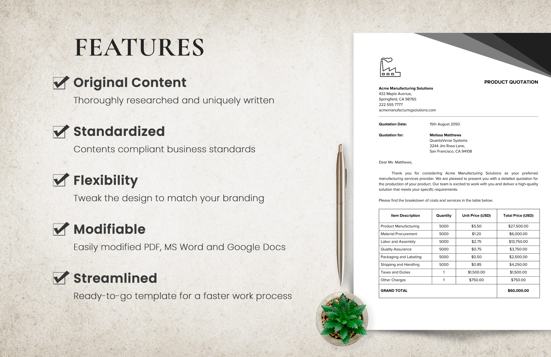 Product Quotation Template in Google Sheets, Pages, MS Excel, Numbers ...