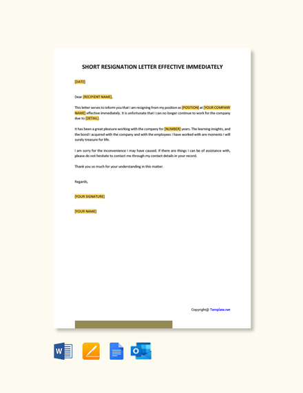 Short Notice Resignation Letter Template - Google Docs, Word | Template.net