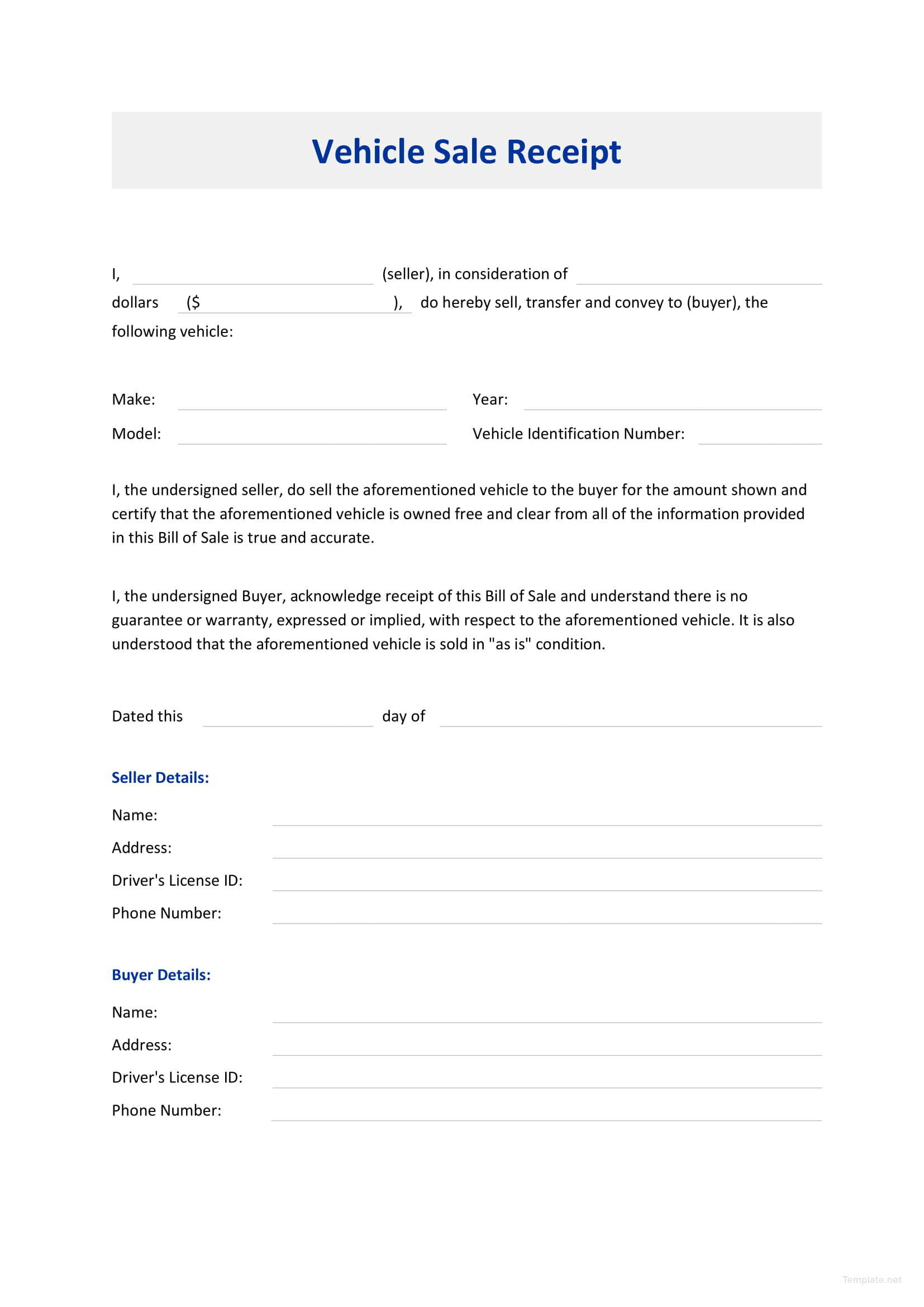Private Car Sale Receipt Template Receipt Template Car Sale Receipt Template Printable Receipt 