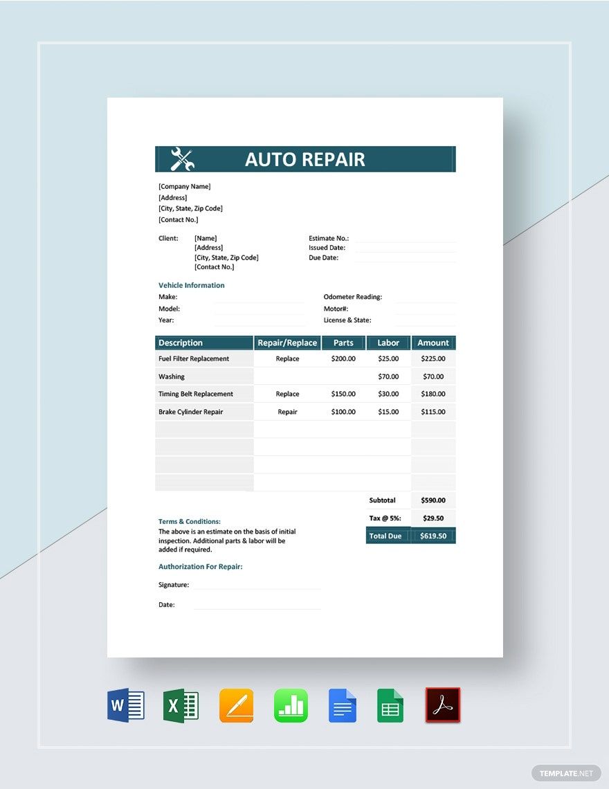 Free Sample Auto Repair Estimate Template Download In Word Google 