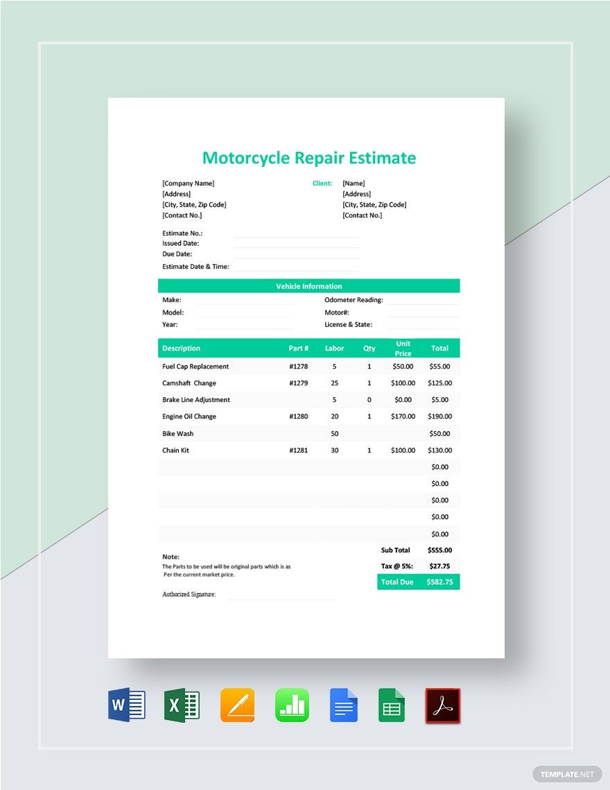 Motorcycle Repair Estimate Template Google Docs Google Sheets Excel 