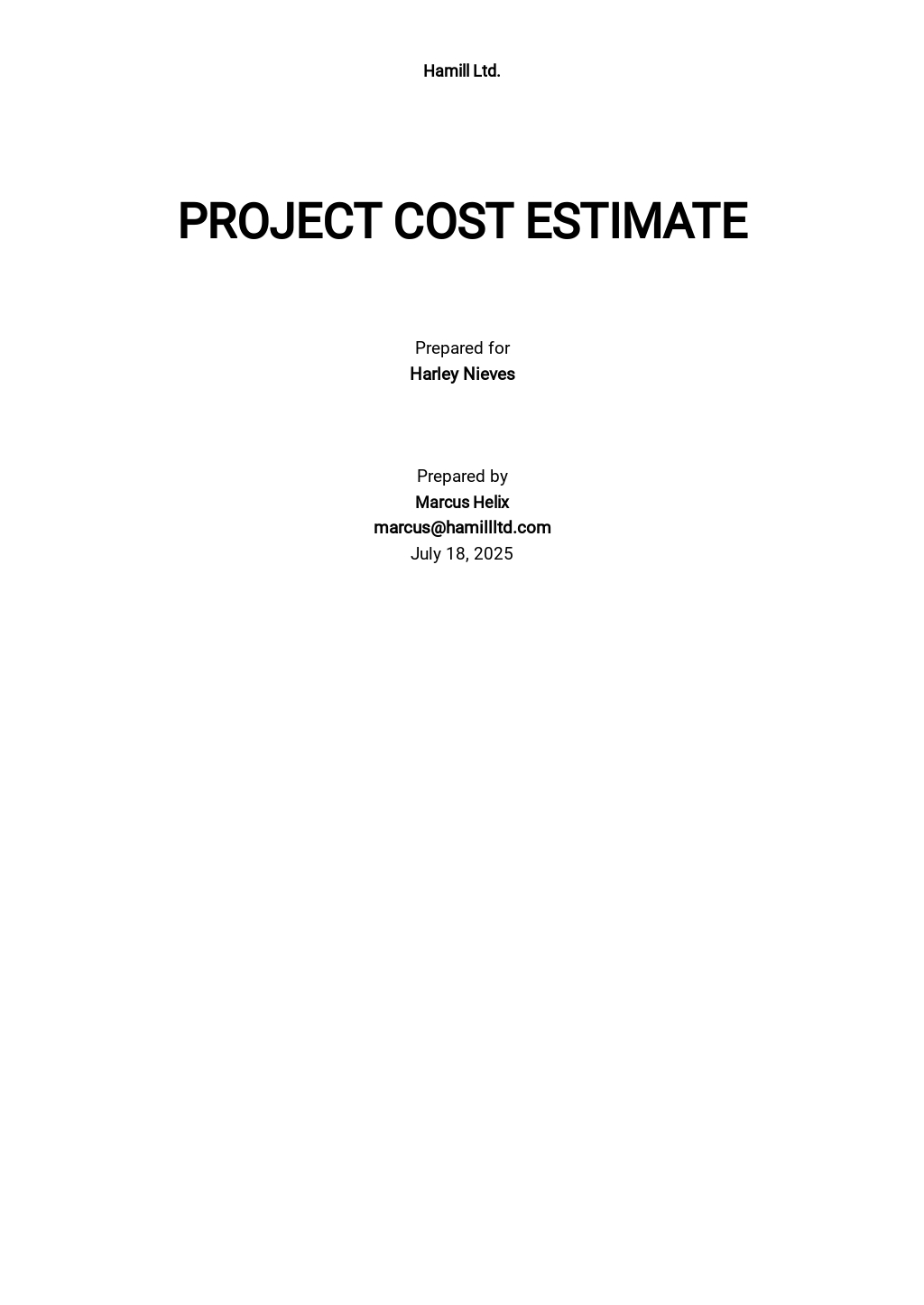 Project Cost Estimate Template