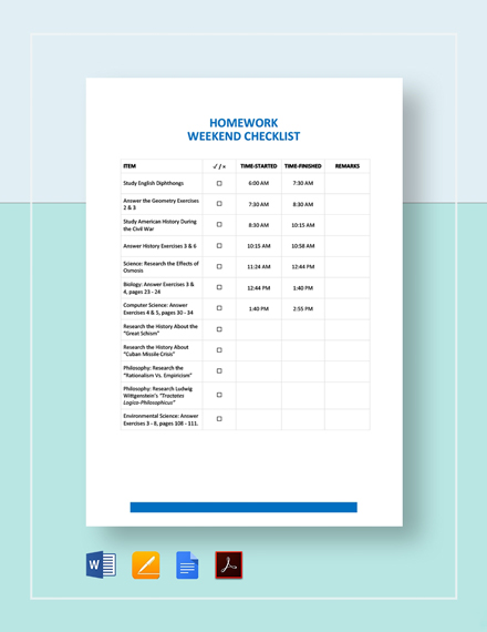 Homework Checklist Template Word Google Docs Apple Pages PDF 