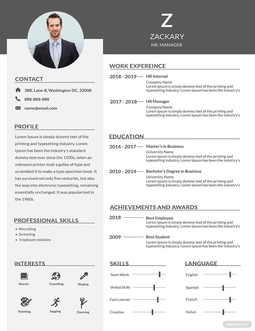 HR Manager Resume Template InDesign Word Apple Pages PSD 