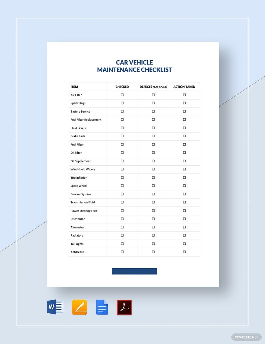 Vehicle Inspection Checklist Template Google Docs Word Apple Pages