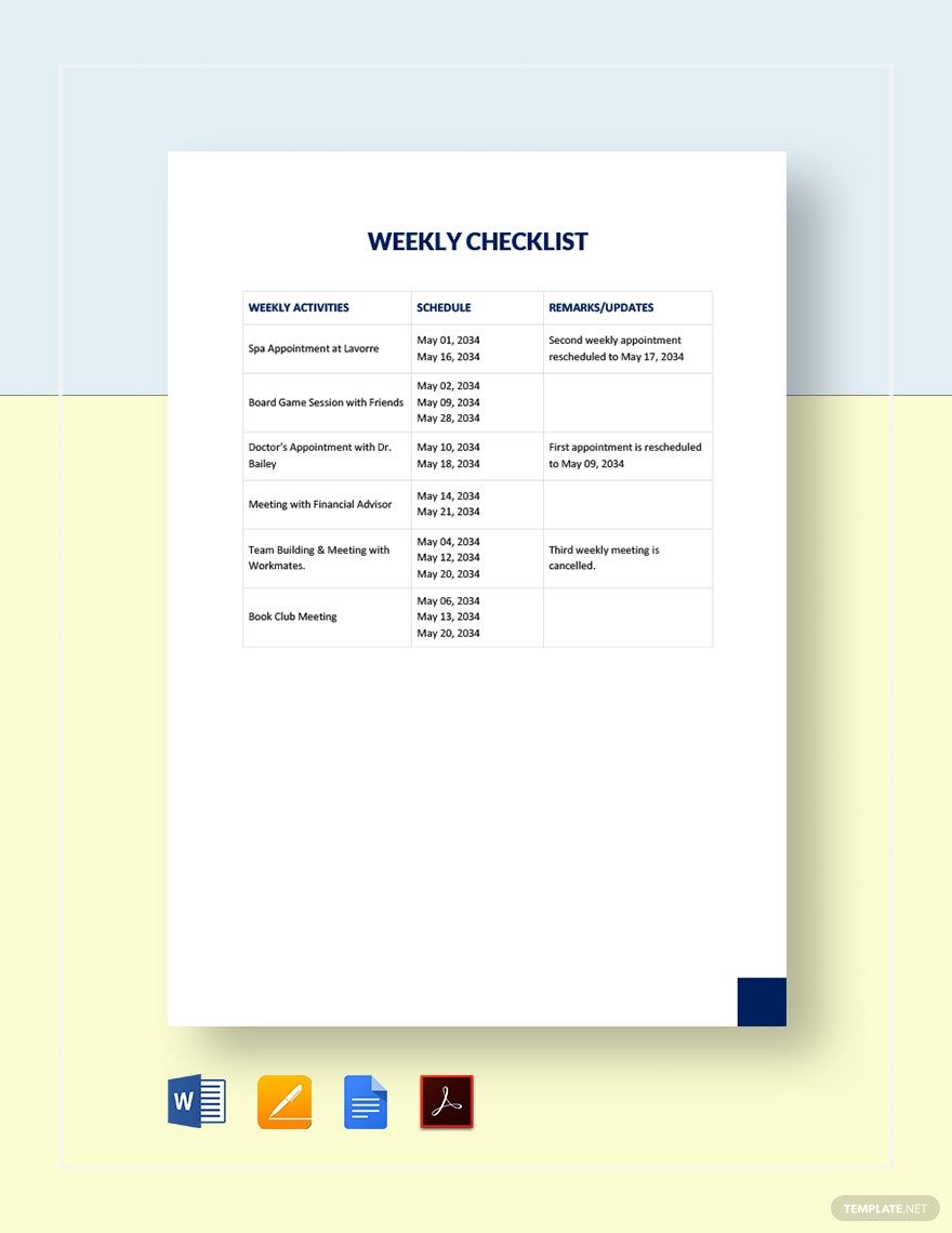 Weekly Checklist Template - Google Docs, Word, Apple Pages, PDF ...