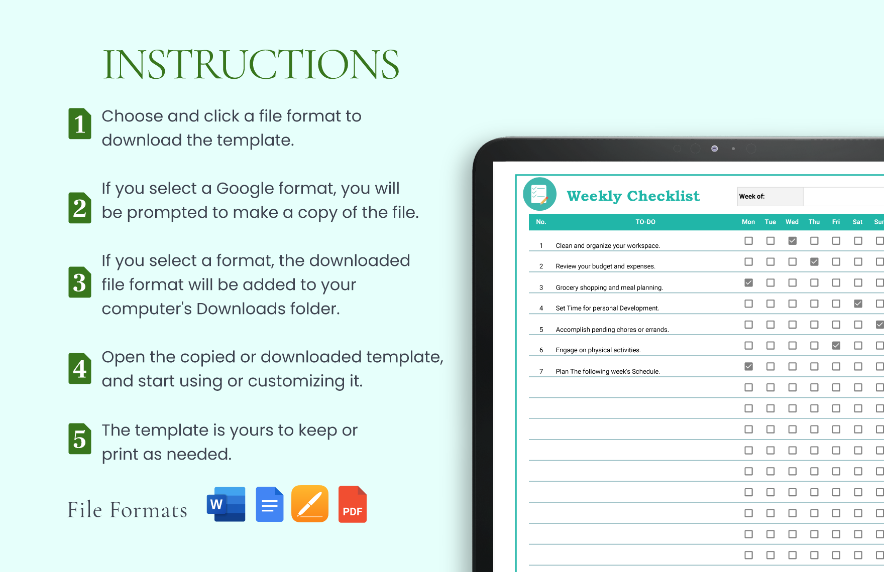 Weekly Checklist Template - Word, Google Docs, Excel, PDF, Google ...
