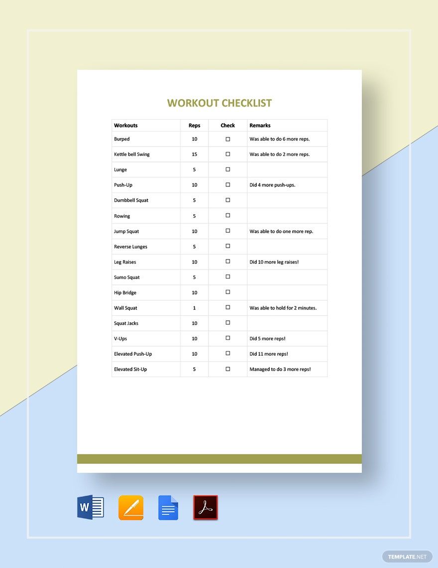 Workout Checklist Template Google Docs Word Apple Pages PDF 