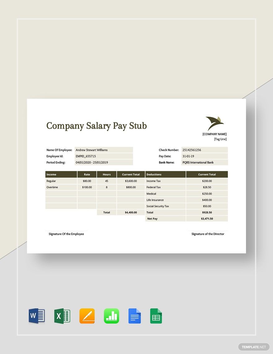 Company Salary Pay Stub Template Google Docs Google Sheets Excel 