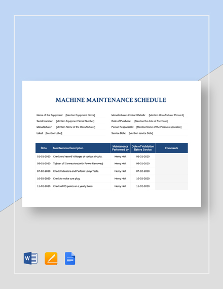 Equipment Maintenance Schedule Template - 10+ Free Word, PDF Format ...
